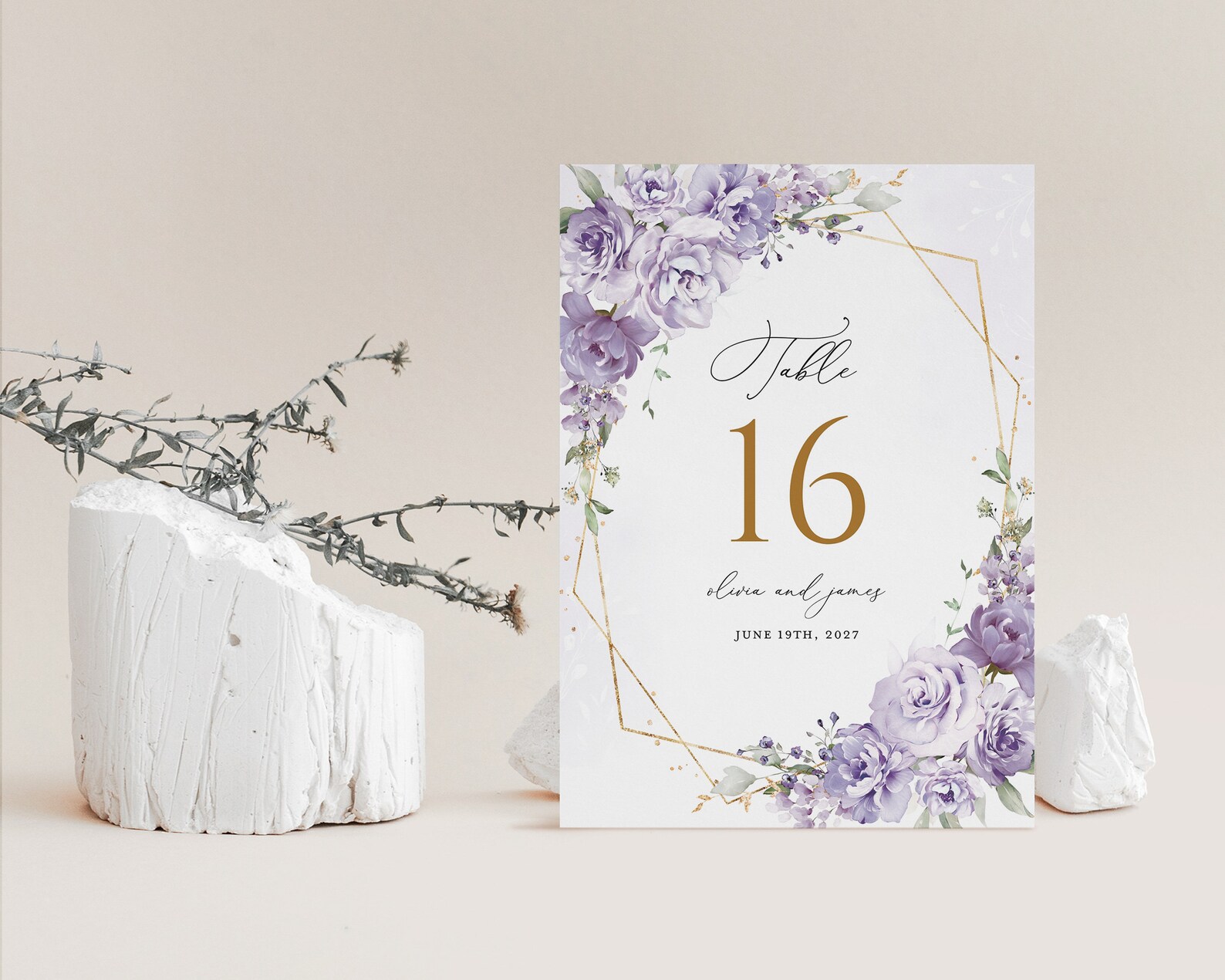 Lavender Floral Wedding Table Number Card Template, Lilac Gold Table ...