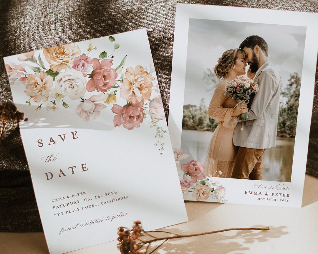 Dusty Rose Save the Date Cards Template, Photo Boho Blush Pink Wedding ...