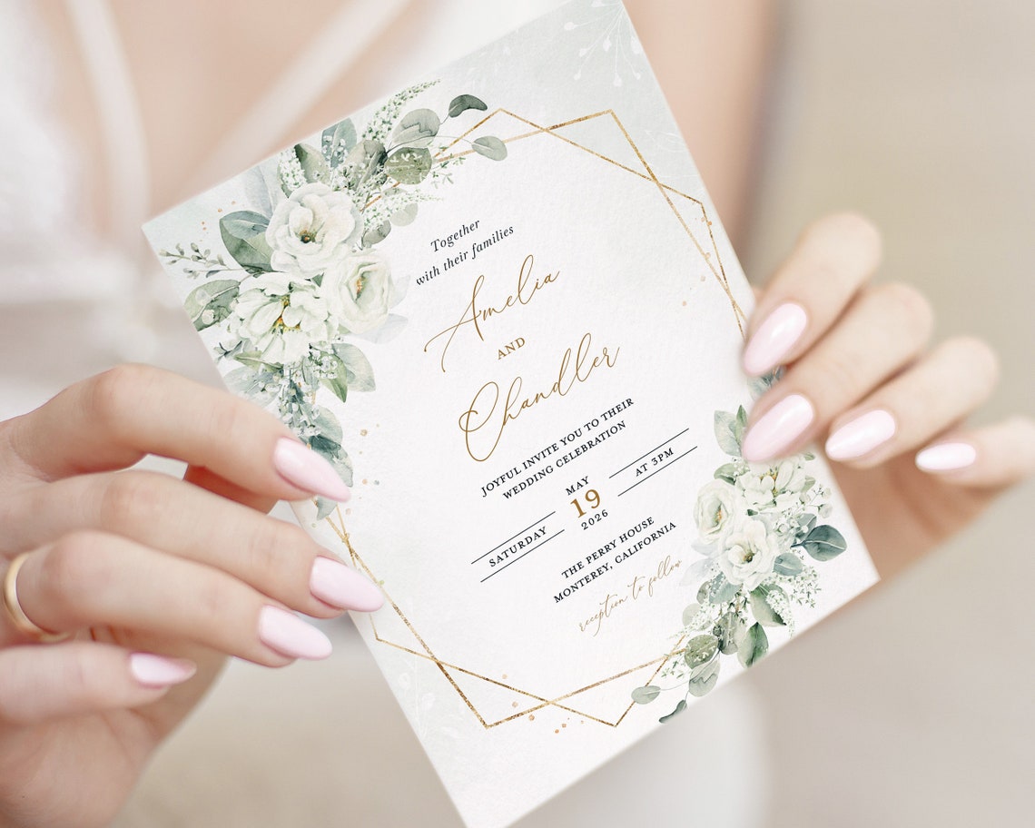 Sage Green Wedding Invitation Template Gold and White Floral | Etsy