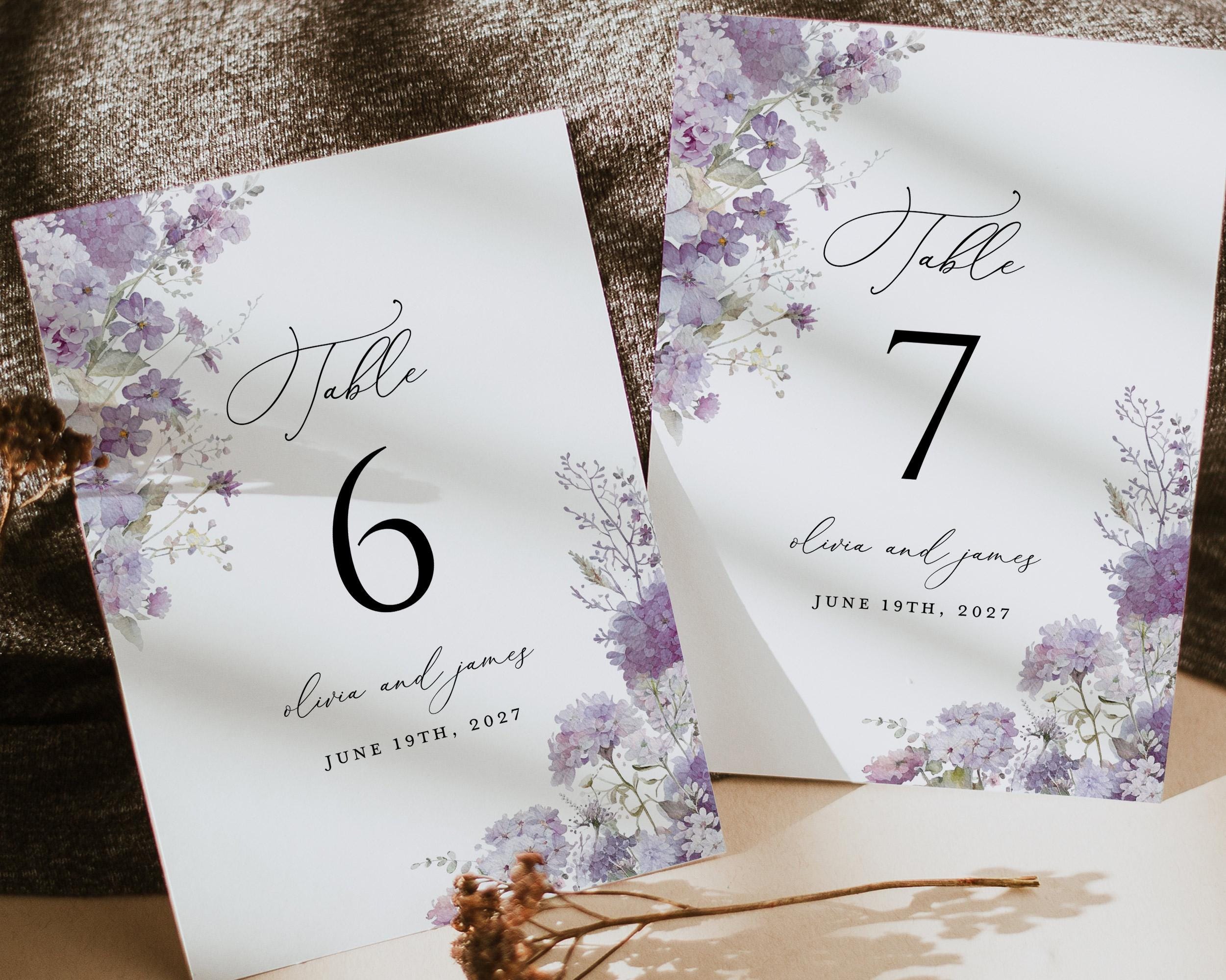 Lavender Lilac Wedding Table Numbers Card Template, Floral Boho Table ...
