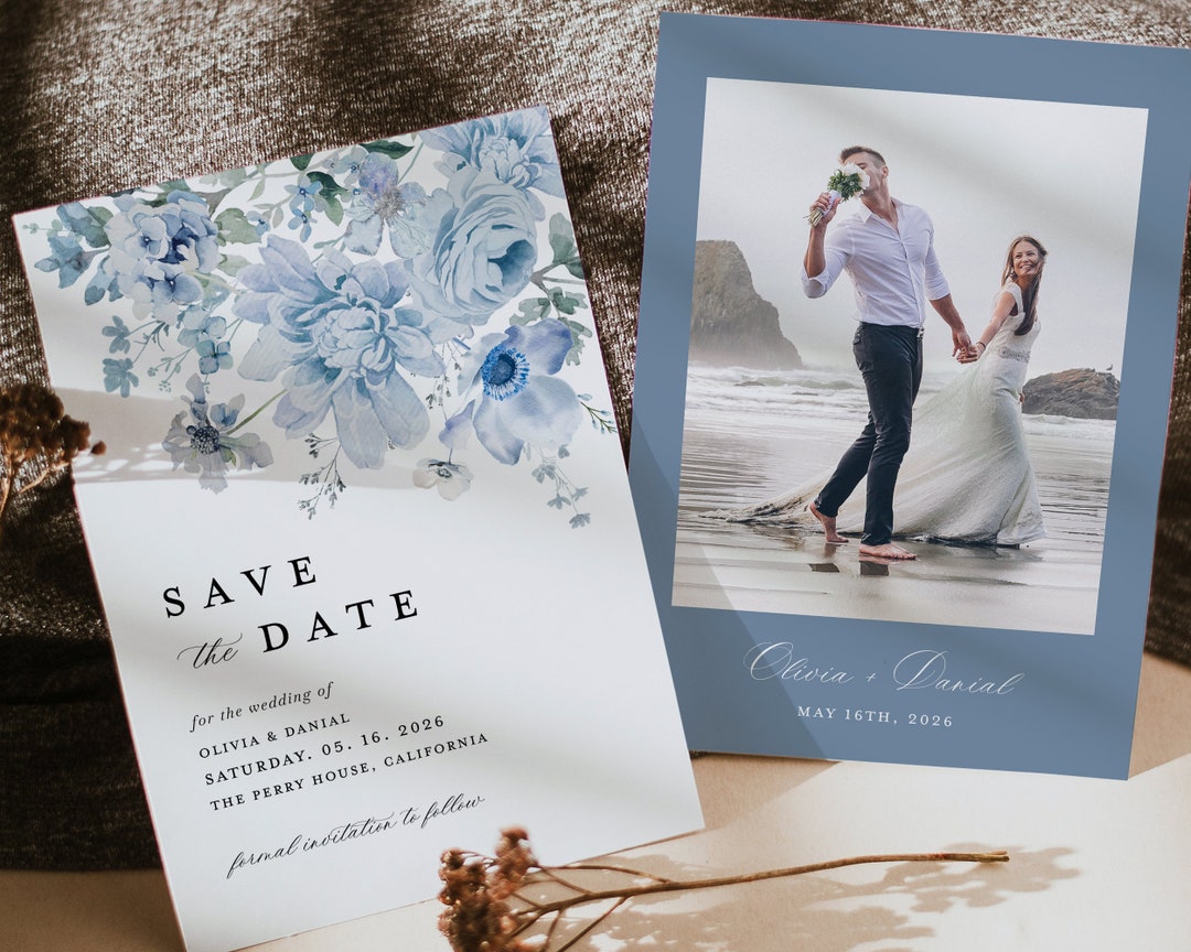 Dusty Blue Save the Date Cards Template, Photo Floral Steel Blue ...