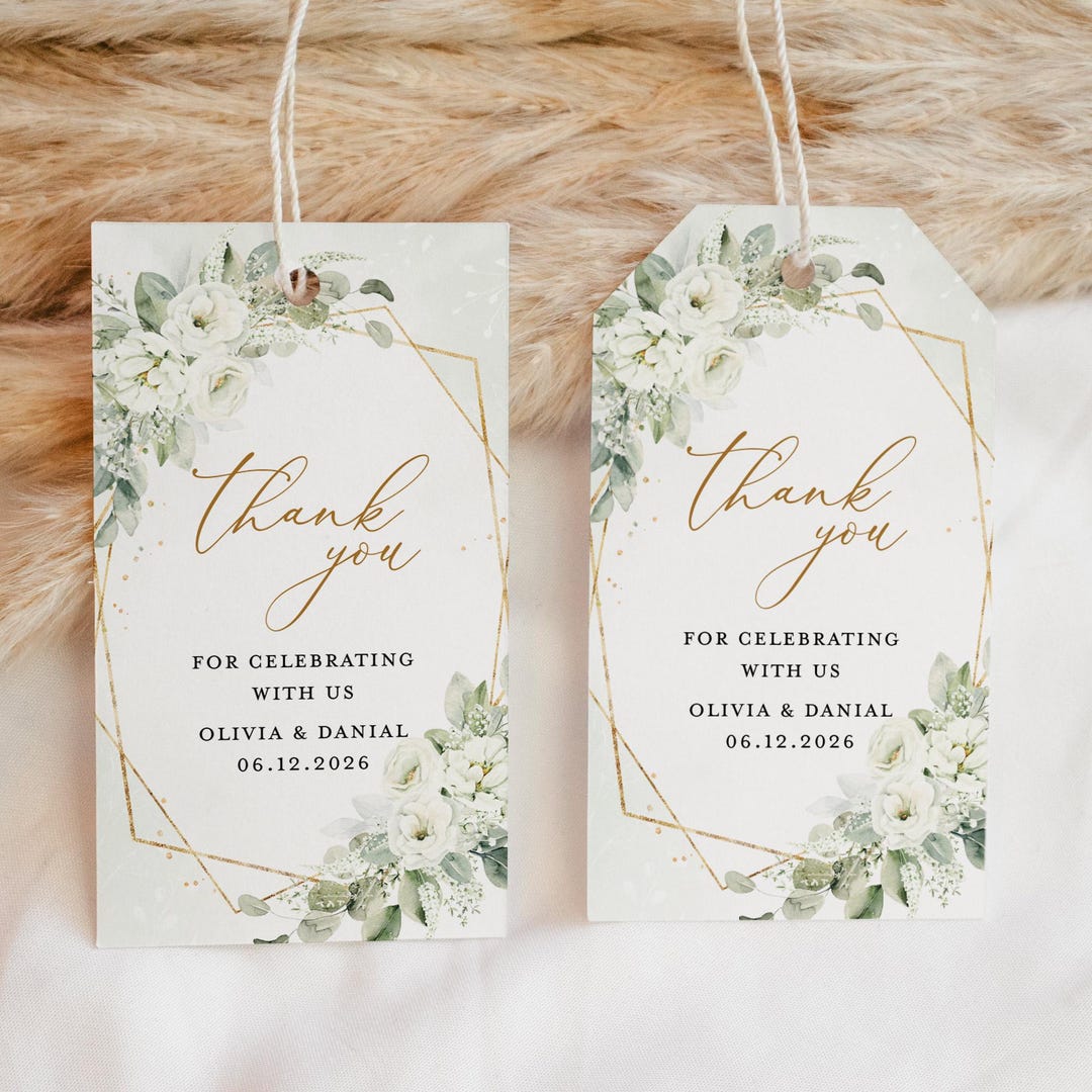 White Floral Wedding Favors Tag Template, Gold Sage Green Thank You ...
