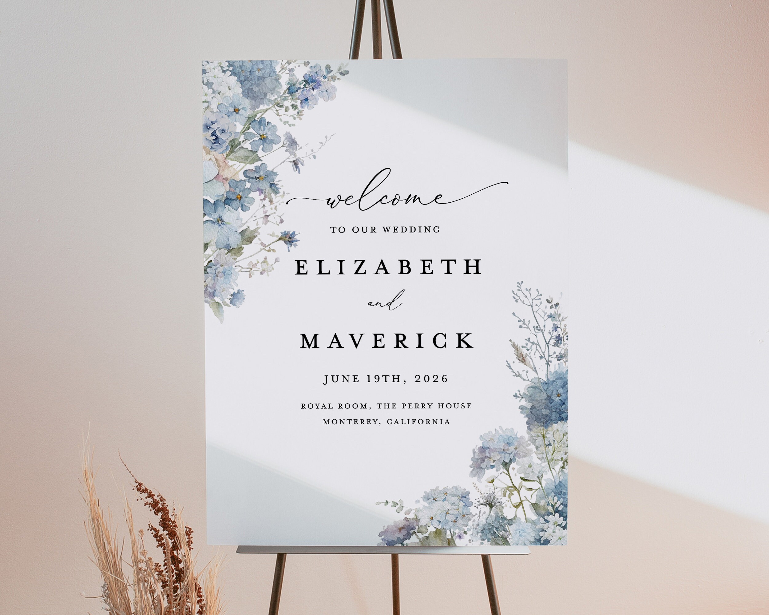 Dusty Blue Wedding Welcome Sign Template, Boho Floral Light Blue ...