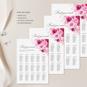 Hot Pink Wedding Seating Chart Sign Template, Floral Printable Large ...