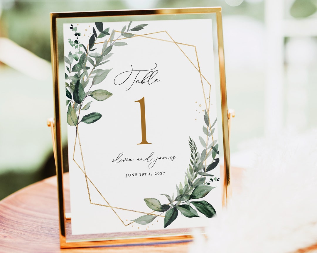 Sage Greenery Wedding Table Numbers Card Template, Gold Botanical Table ...
