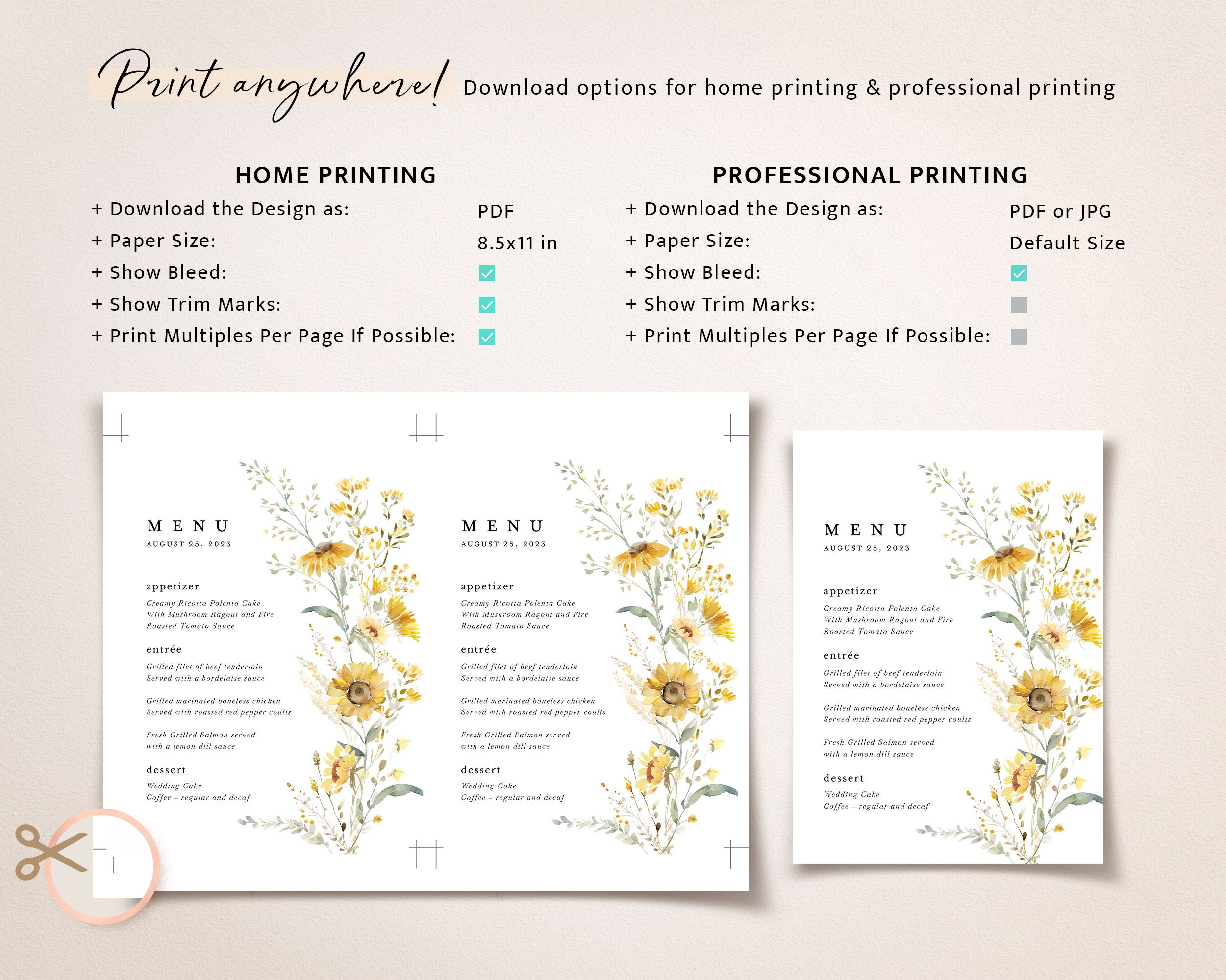 Sunflower Wedding Menu Cards Template, Boho Wildflower Reception Menu ...