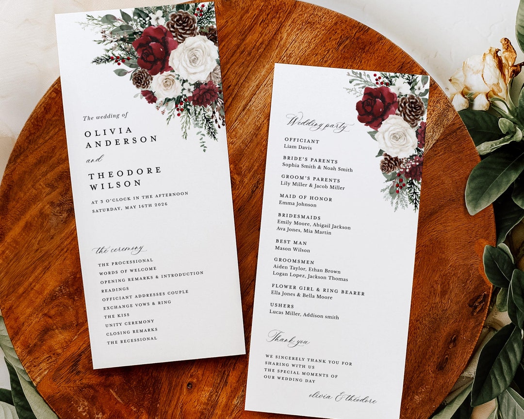 Winter Wedding Programs Template, Christmas Ceremony Program, Burgundy ...