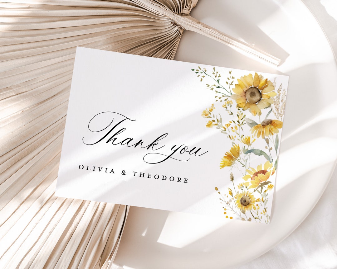 Sunflower Wedding Thank You Card Template, Boho Wildflower Thank You ...