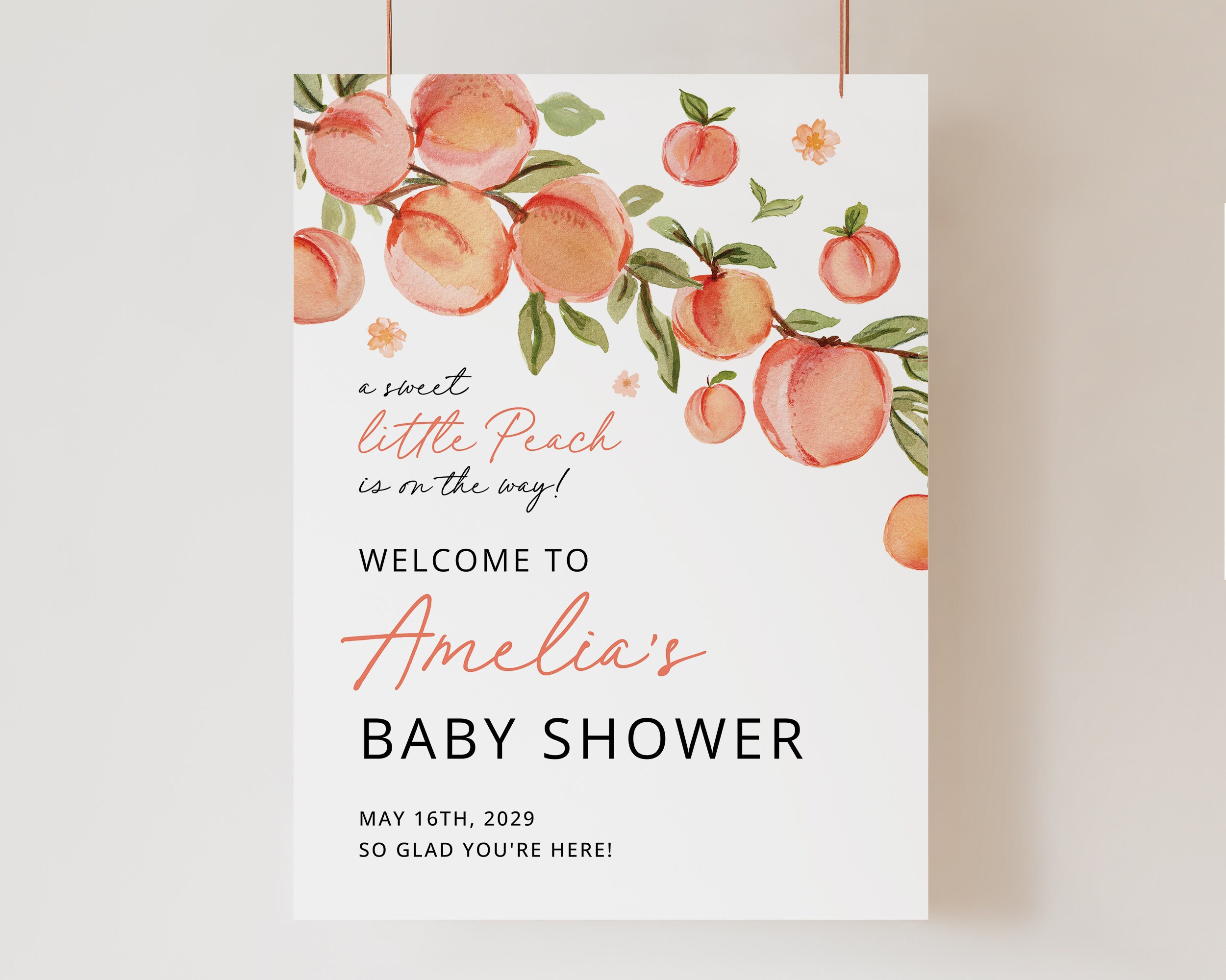 A Sweet Little Peach Baby Shower Welcome Sign Template, Pink Citrus ...