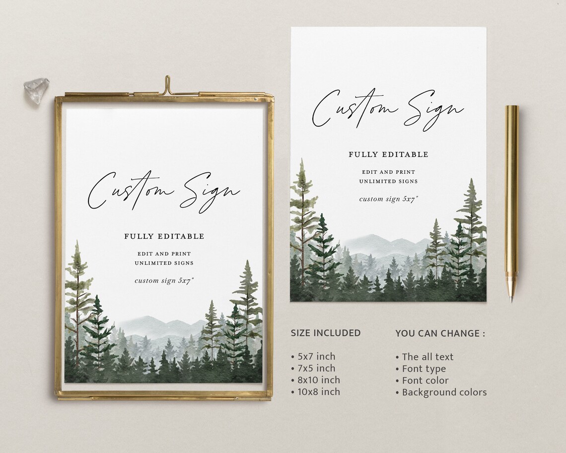 Mountain Custom Wedding Sign Template Woodland Forest - Etsy
