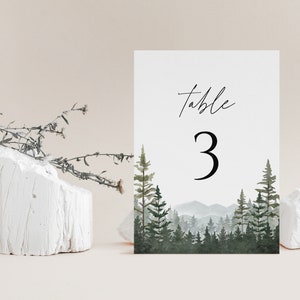 Mountain Wedding Table Number Card Template, Woodland Forest Pine Table ...