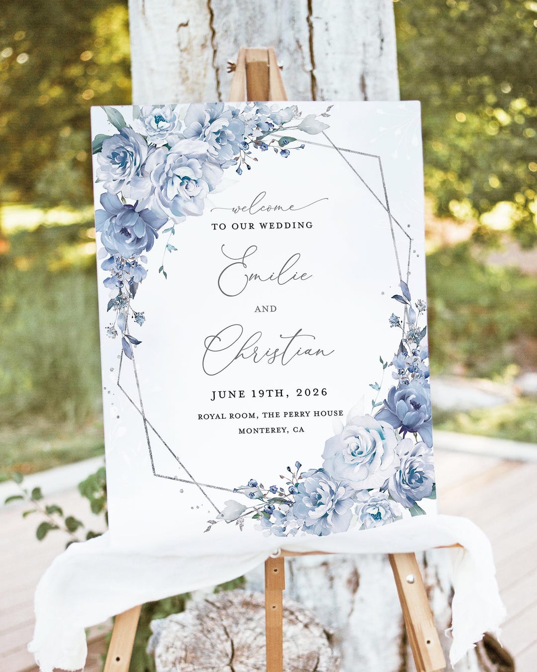 Dusty Blue Wedding Welcome Sign Template, Floral Silver Reception Decor ...