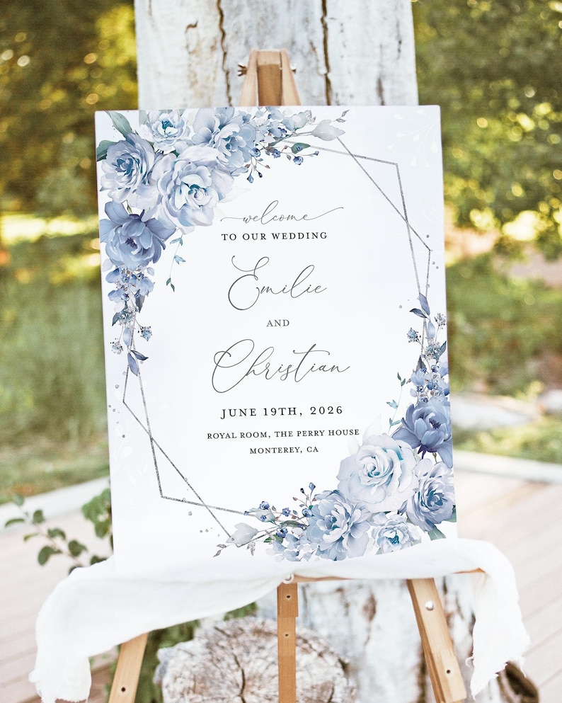 Dusty Blue Wedding Welcome Sign Template, Floral Silver Reception Decor ...