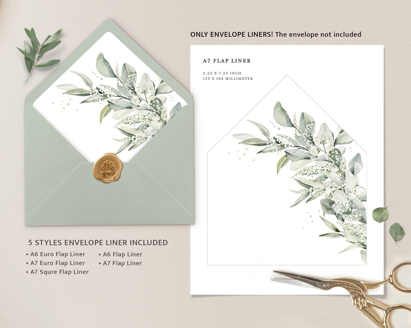 Sage Green Envelope Liner Template, Greenery Boho A6 and A7 Euro Flap ...
