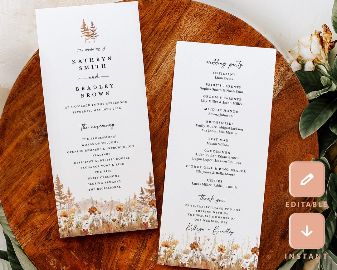 Fall Mountain Wedding Programs Template, Boho Ceremony Program ...