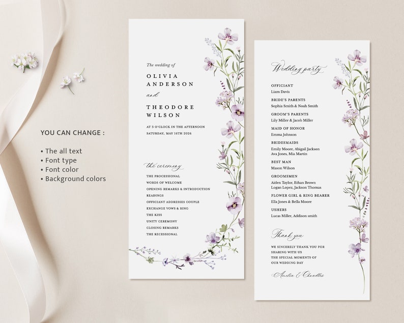 Lavender Wedding Programs Template Ceremony Boho Floral - Etsy