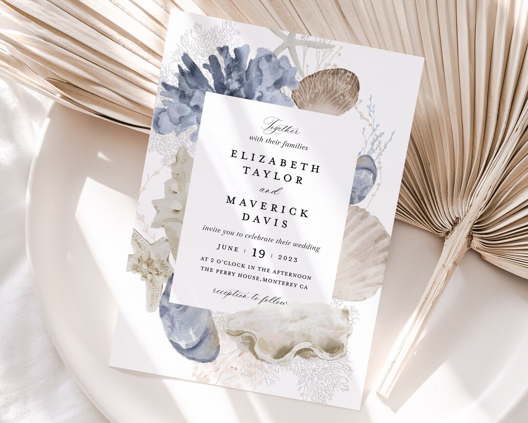 Boho Beach Wedding Invitation Template, Ocean Blue Wedding Invites ...