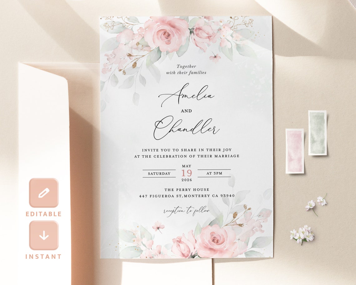 Blush Pink Wedding Invitation Template Floral Greenery - Etsy