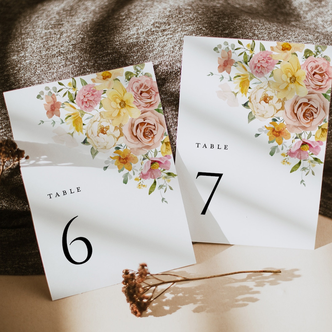 Colorful Pastel Wedding Table Numbers Card Template, Floral Pink Yellow ...