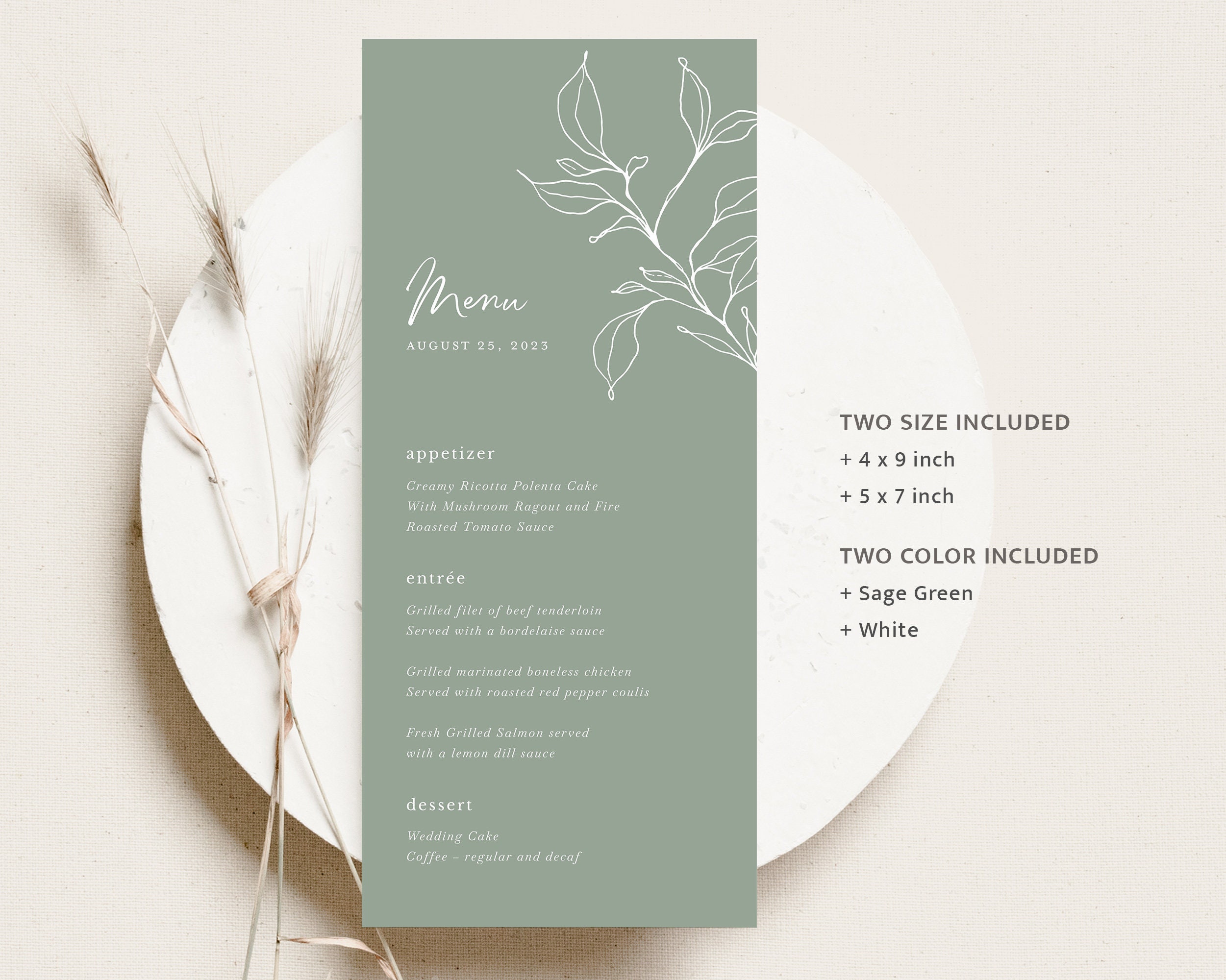 Sage Green Minimalist Wedding Menu Template, Modern Botanical Reception ...