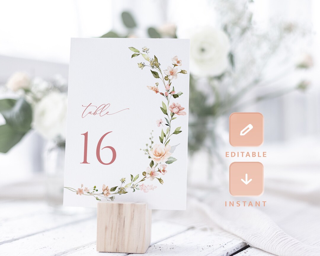 Floral Table Numbers, Boho Bridal Shower Template, Blush Pink Wedding ...