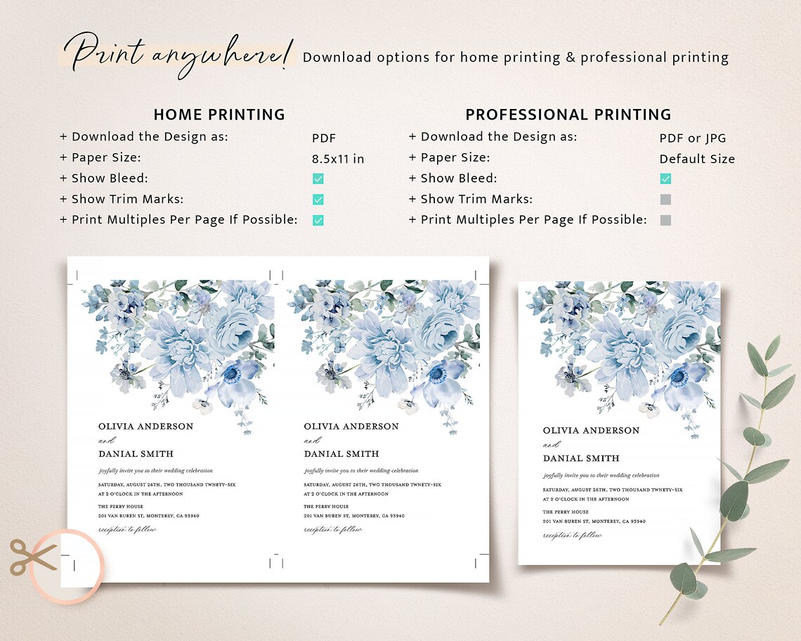 Dusty Blue Wedding Invitation Template Steel Blue Floral | Etsy