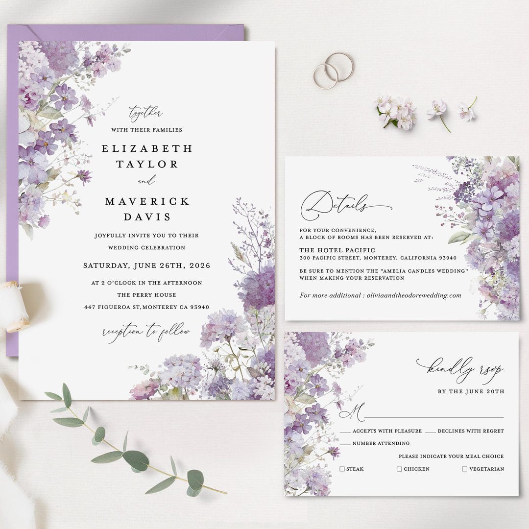 Lavender Lilac Wedding Invitation Set Template, Floral Boho Invites ...