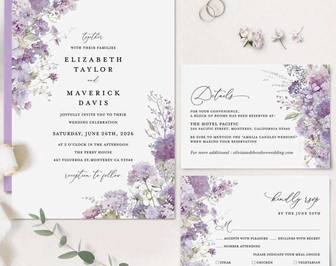 Elegant Real Lavender Wedding Invitations, Boho Lillac Stationery ...