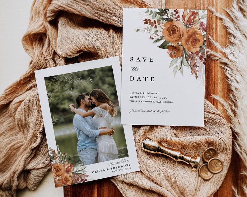 Terracotta Save the Date Cards Template, Photo Boho Floral Wedding Save ...