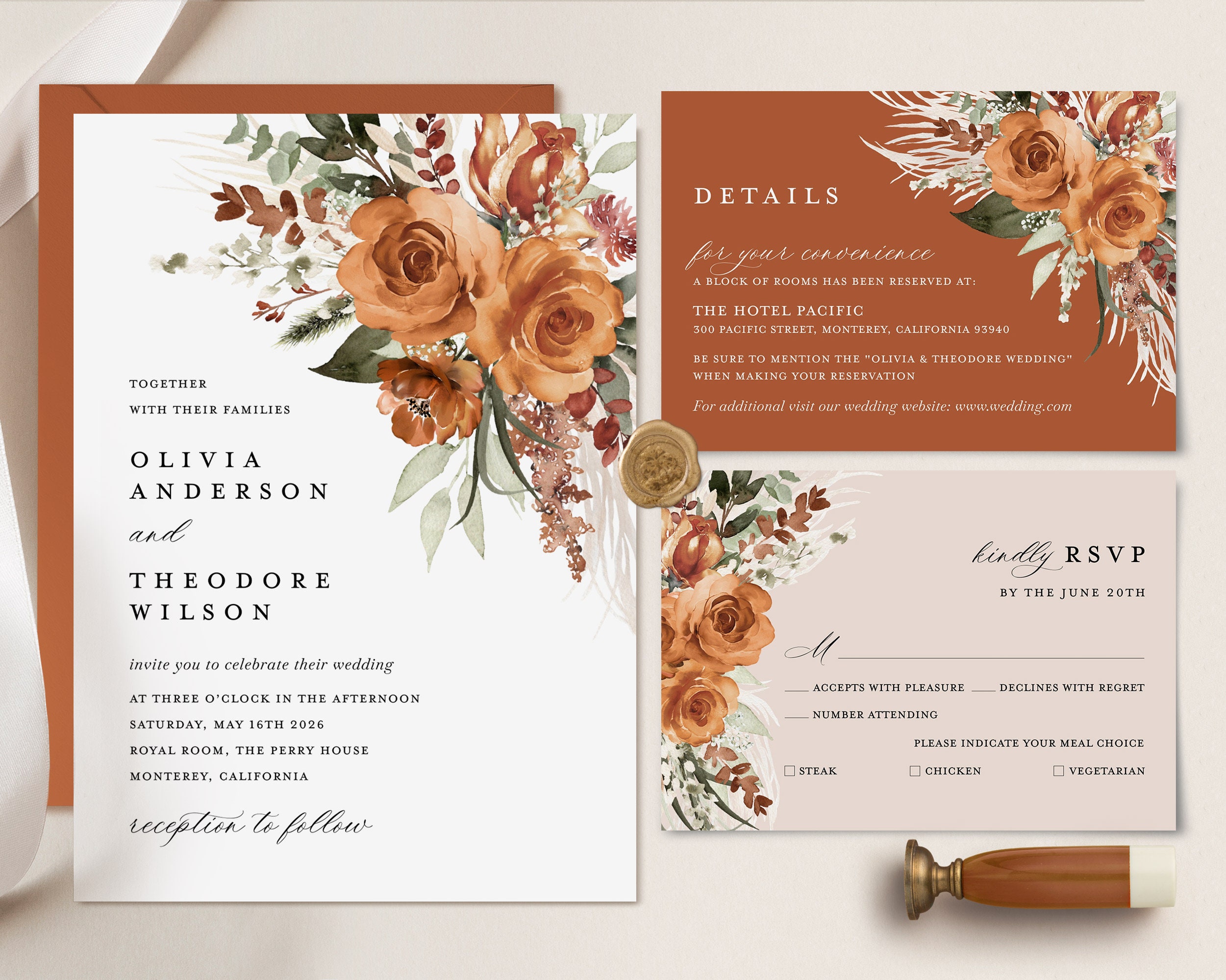 Terracotta Wedding Invitation Template Set Boho Floral - Etsy Australia
