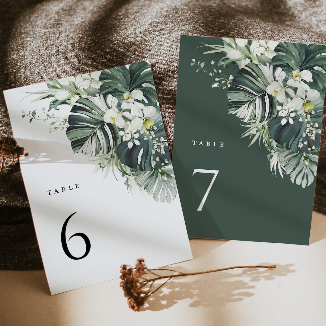 Tropical Wedding Table Numbers Card Template, Monstera Table Numbers ...