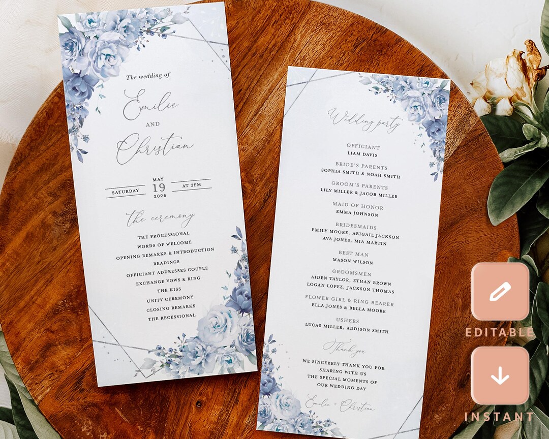 Dusty Blue Wedding Programs Template, Ceremony Boho Floral Program ...