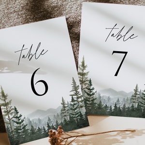Mountain Wedding Table Number Card Template, Woodland Forest Pine Table ...