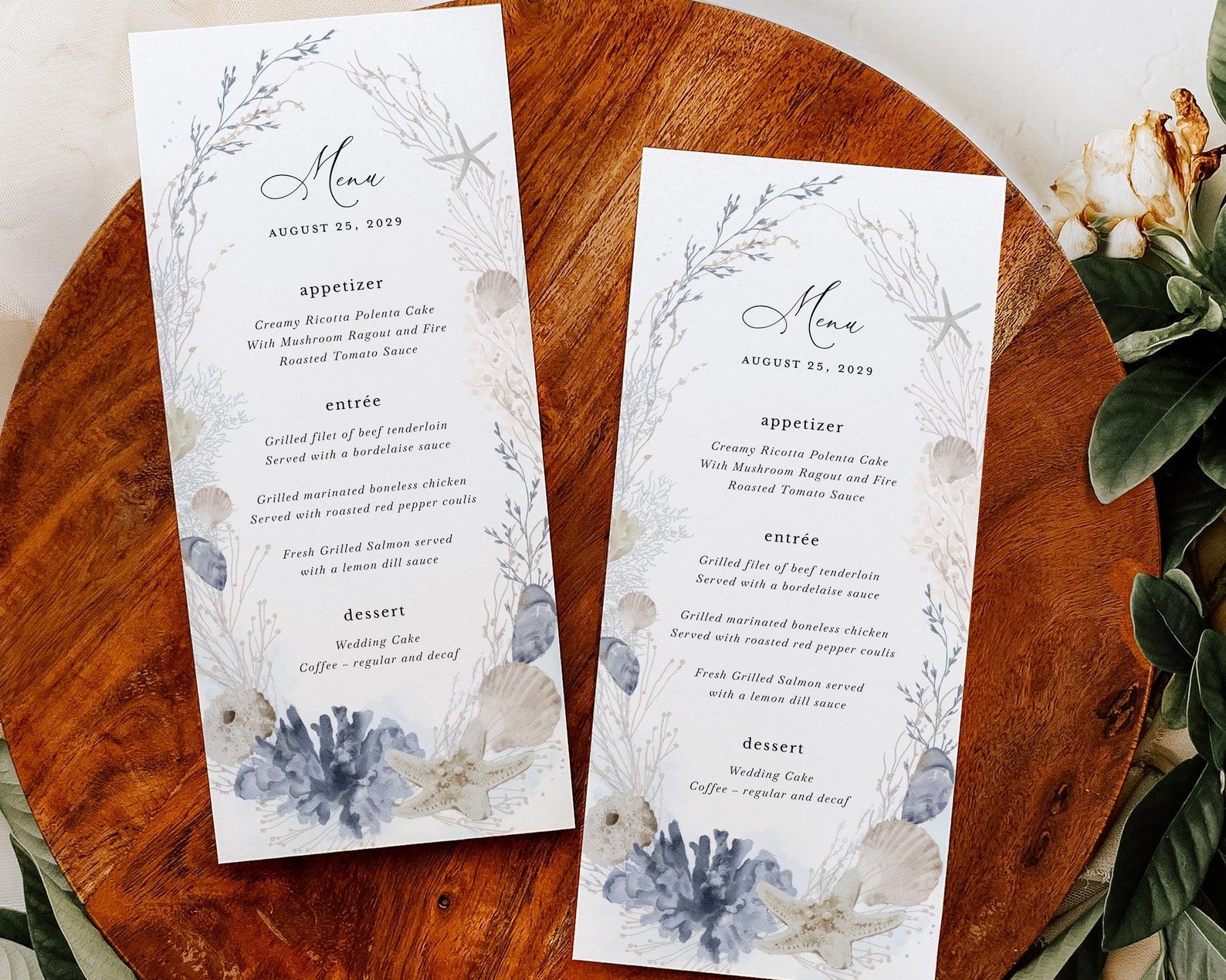 Boho Beach Wedding Menu Cards Template, Ocean Blue Reception Menu ...