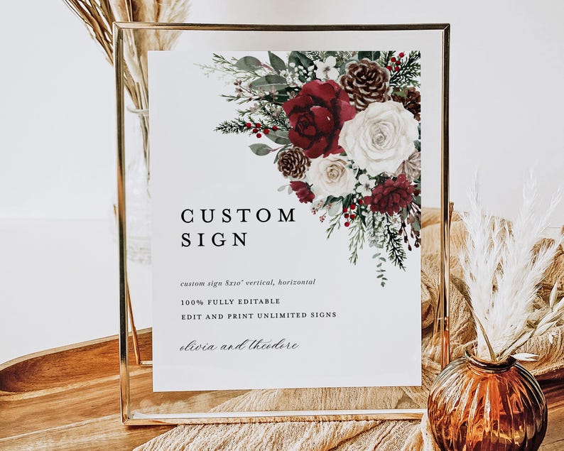 Winter Christmas Custom Wedding Sign Template, Burgundy Floral ...