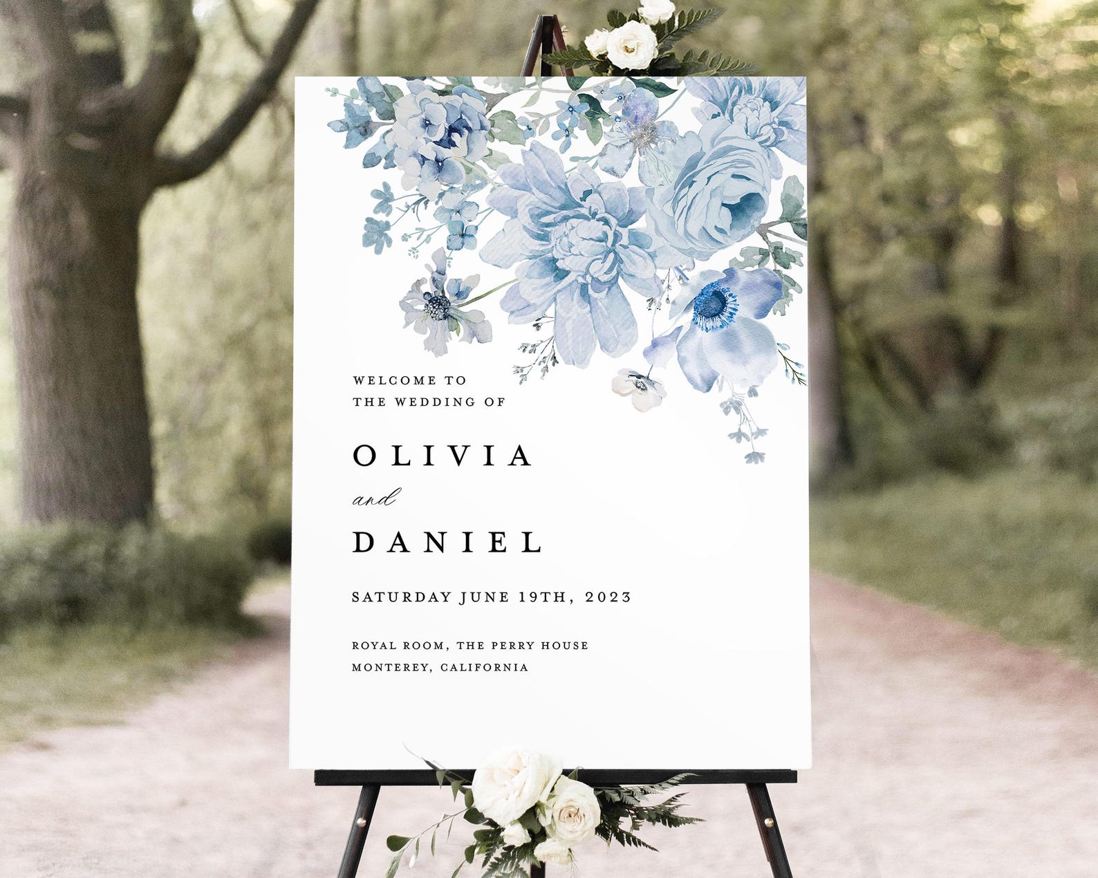 Dusty Blue Wedding Welcome Sign Template, Floral Modern Editable Sign ...