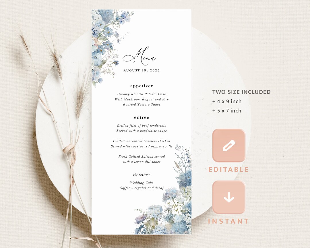 Dusty Blue Wedding Menu Cards Template, Boho Floral Reception Menu ...