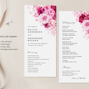 Hot Pink Wedding Programs Template, Floral Ceremony Program, Elegant ...