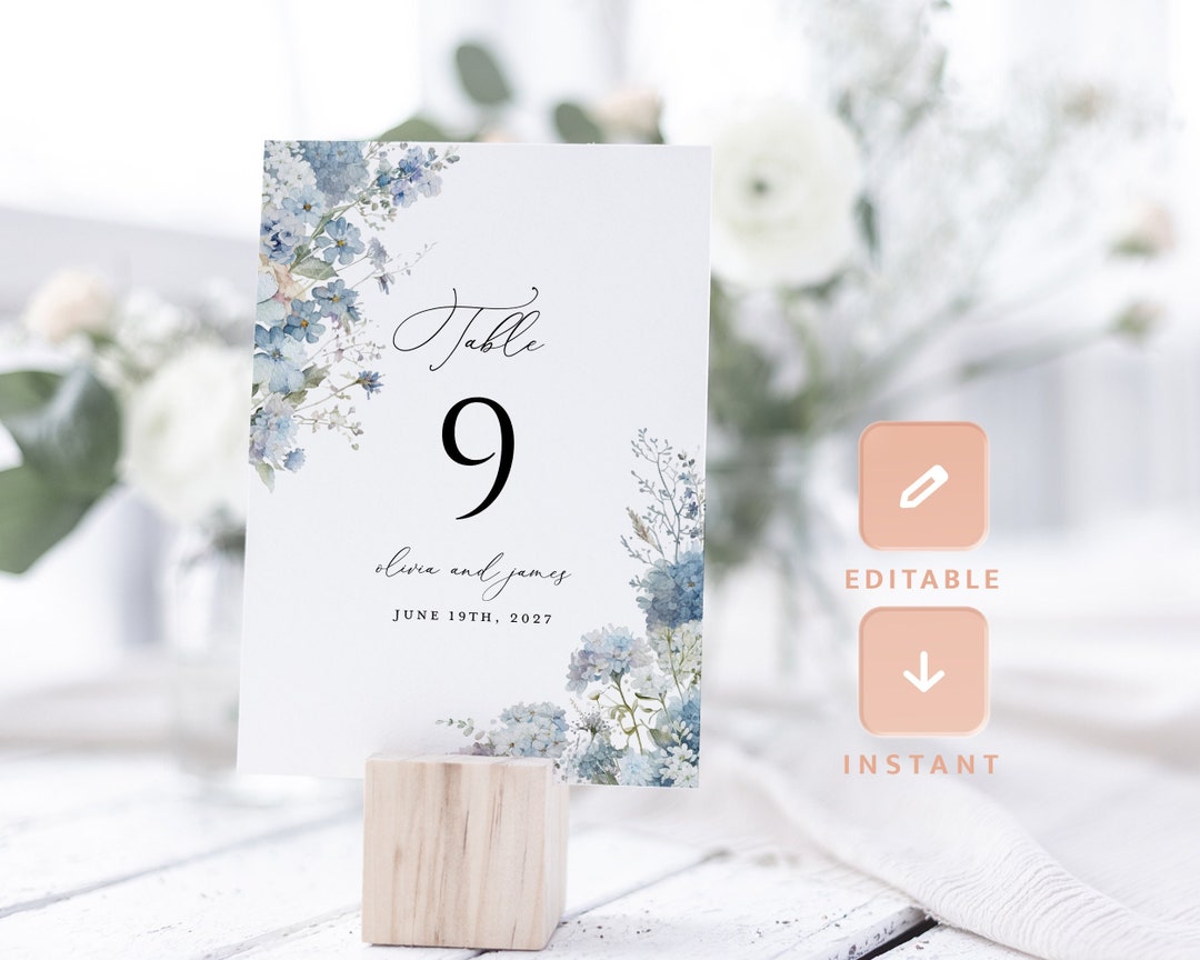 Dusty Blue Wedding Table Numbers Card Template, Boho Floral Table ...