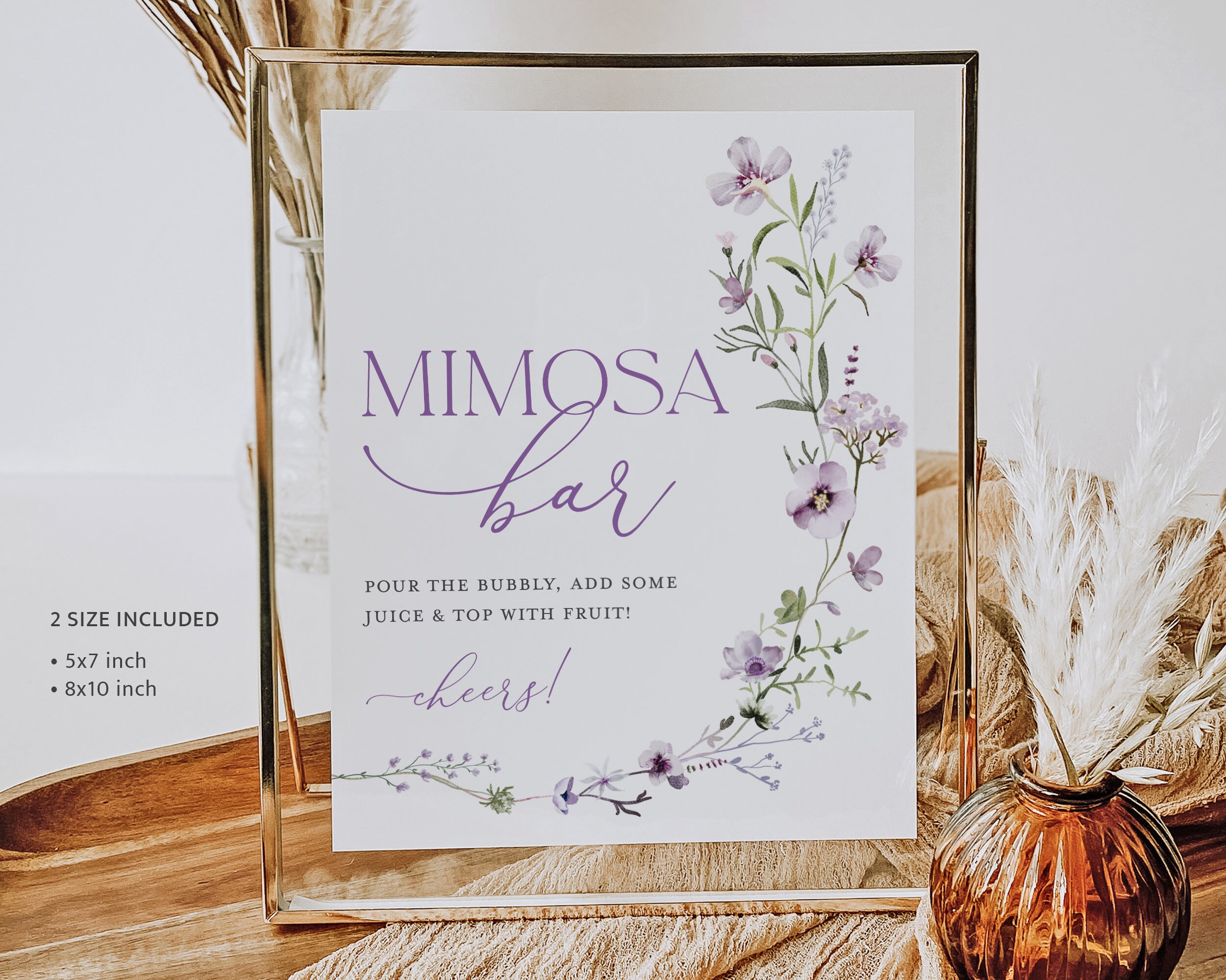 Mimosa Bar Sign, Printable Lavender Bridal Shower Juice Tag, Boho ...