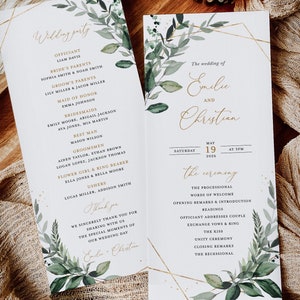 Sage Greenery Wedding Programs Template, Ceremony Botanical Program, Elegant Gold Geometric ...