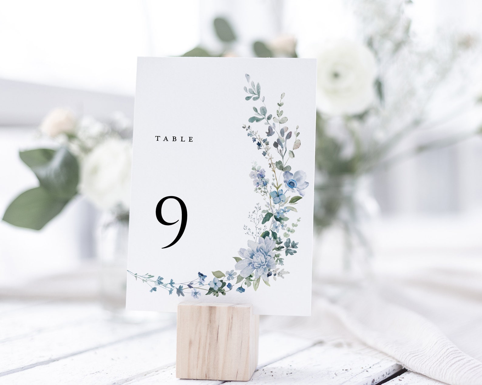 Dusty Blue Wedding Table Numbers Card Template, Boho Wildflower Table ...