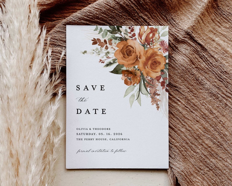 Terracotta Save the Date Cards Template Photo Boho Floral - Etsy