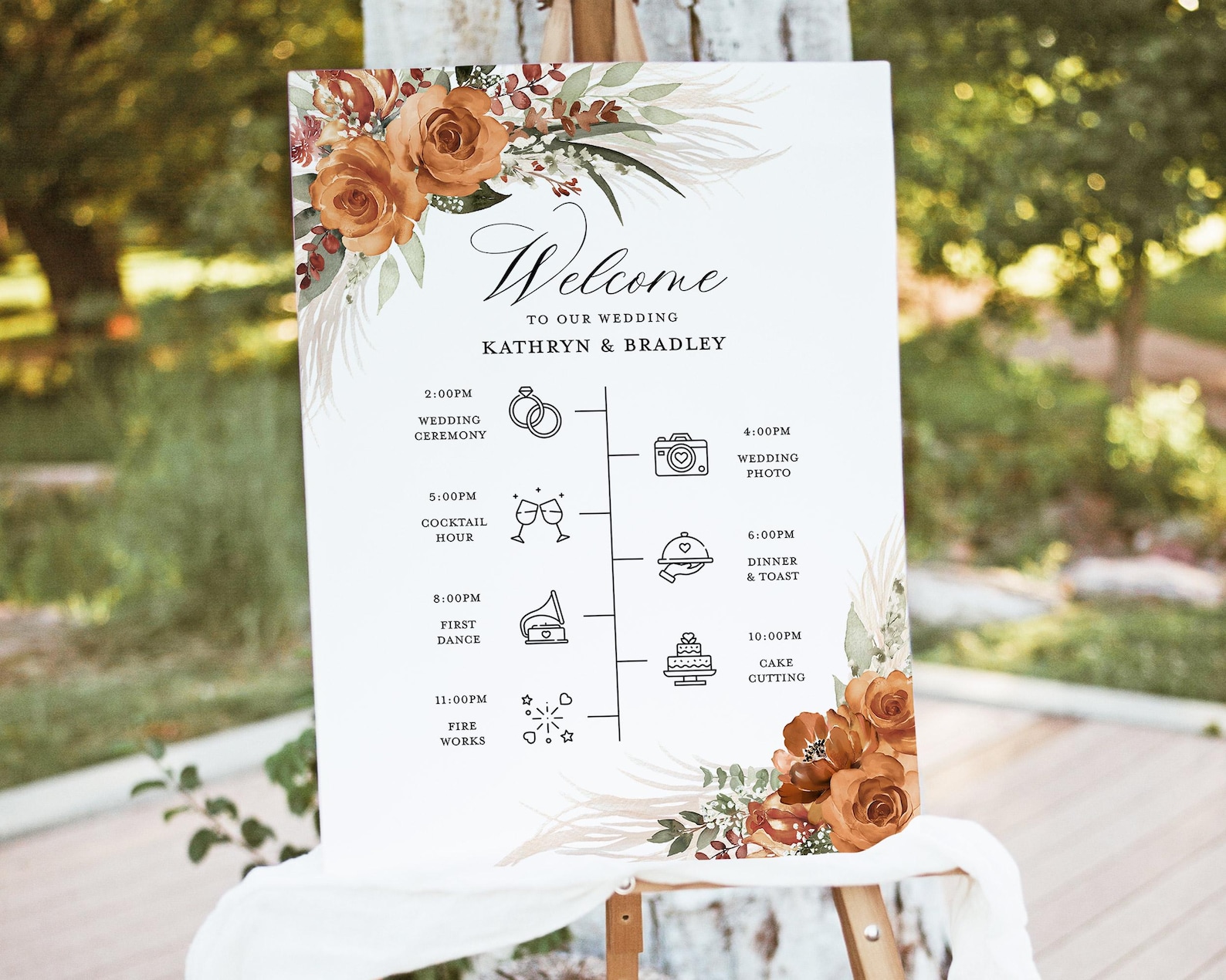 Terracotta Wedding Timeline Welcome Sign Template, Boho Floral Program ...