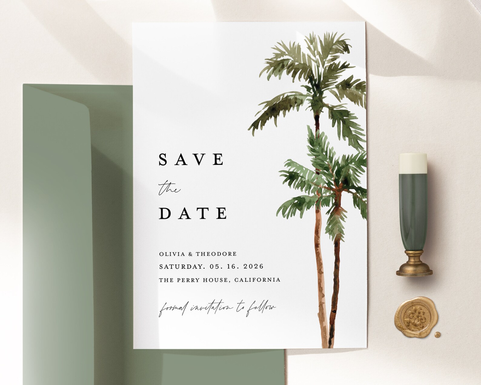 Palm Tree Save the Date Template, Photo Sage Wedding Save the Dates ...