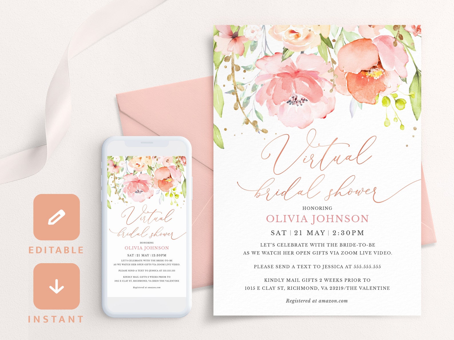 Editable Blush Pink Virtual Bridal Shower Invitation Printable | Etsy