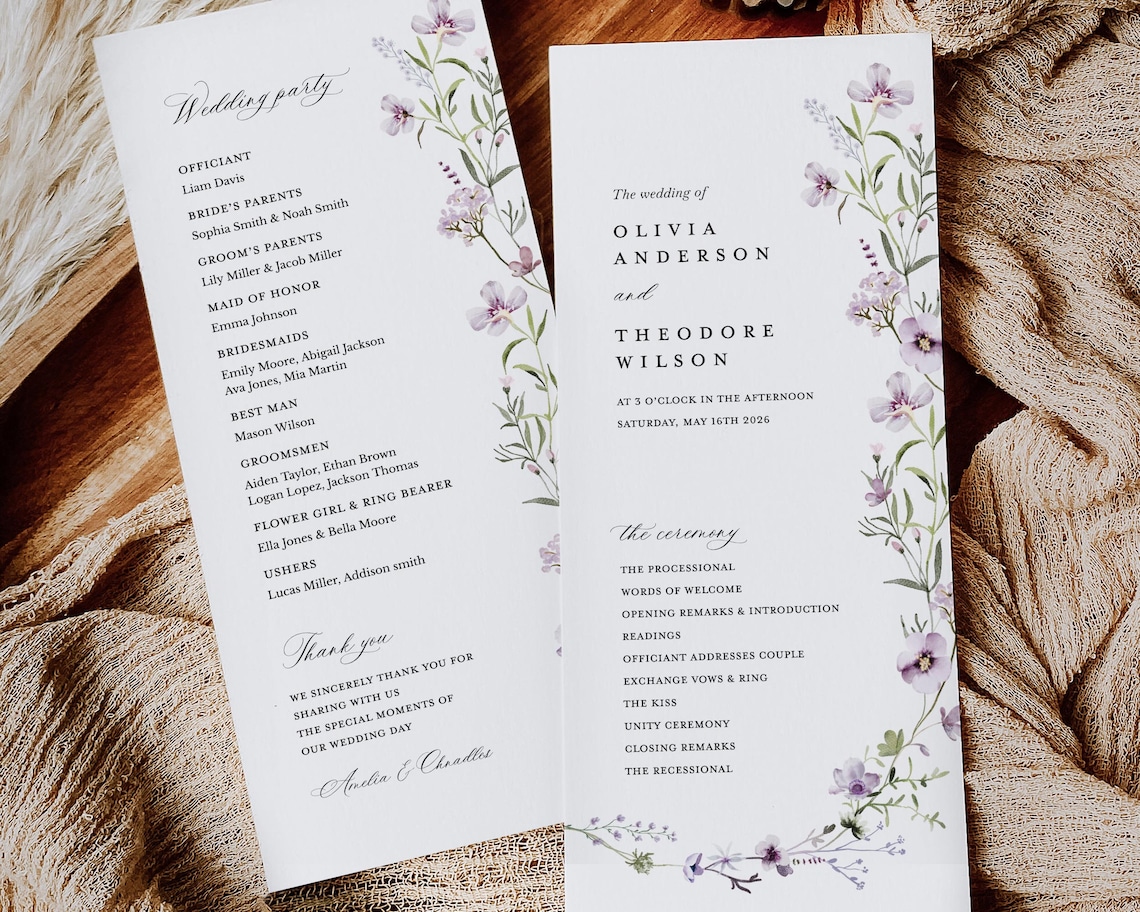 Lavender Wedding Programs Template Ceremony Boho Floral - Etsy