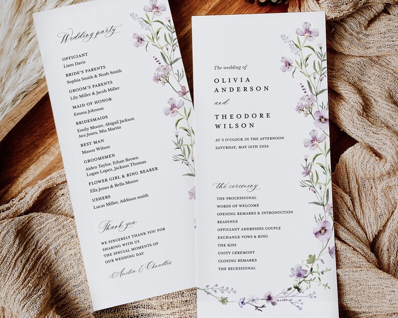 Lavender Wedding Programs Template Ceremony Boho Floral - Etsy