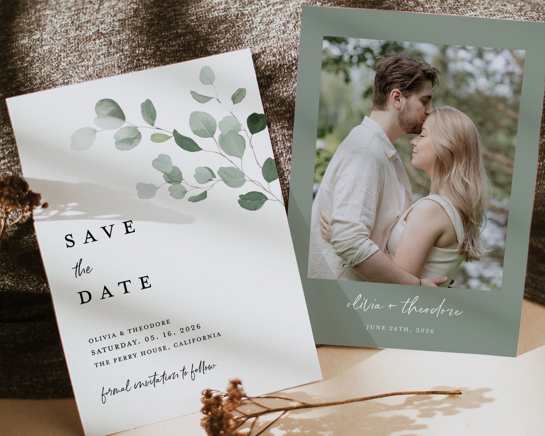 Sage Green Save the Date Cards Template, Photo Eucalyptus Wedding Save ...