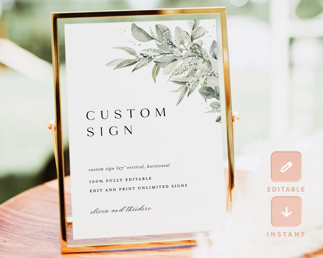 Minimalist Custom Wedding Sign Template, Sage Green Reception Table ...